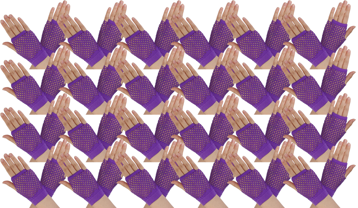 24 Pairs Purple Fishnet Gloves Bulk Pack - Fingerless Wrist Length (70s ...