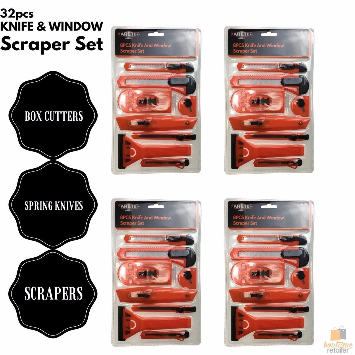 32pcs KNIFE & WINDOW SCRAPER SET Building Tools Box Cutters Spring ...