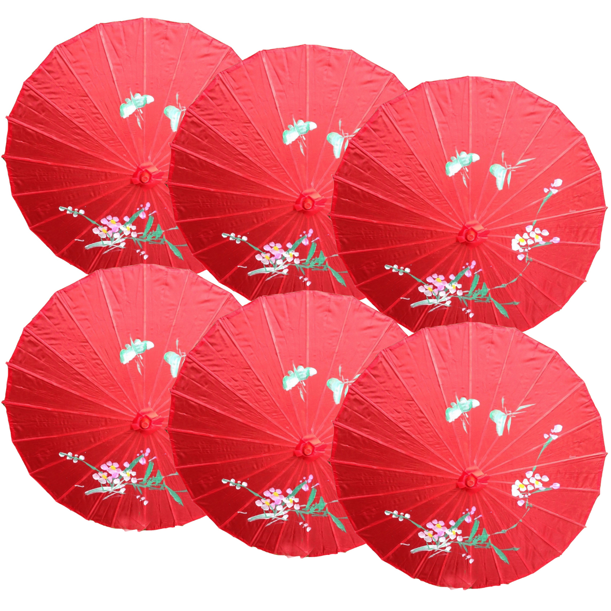 6x Red Parasol Umbrellas Bulk - Asian Bamboo Flower Pattern (80cm ...