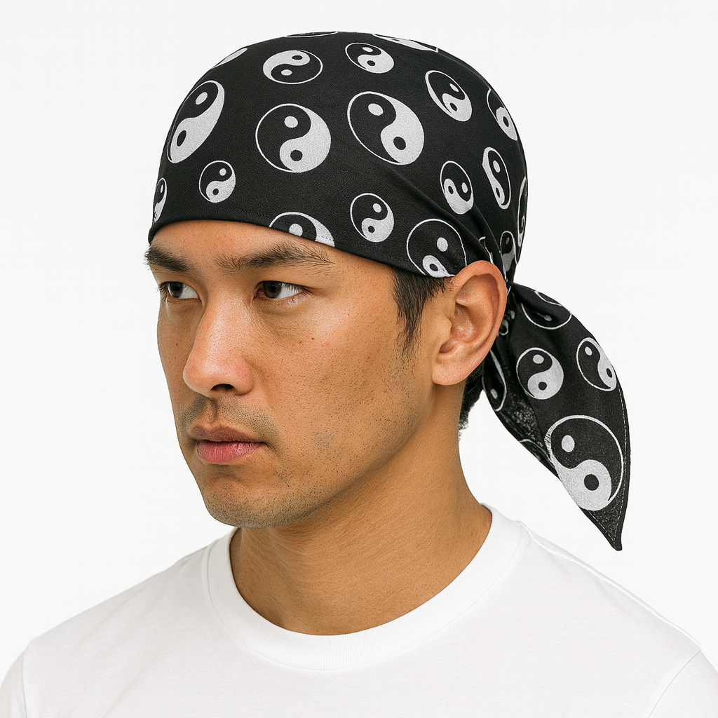 Yin Yang (Black/White) Paisley Bandana - 100% Cotton Head Wrap/Durag ...